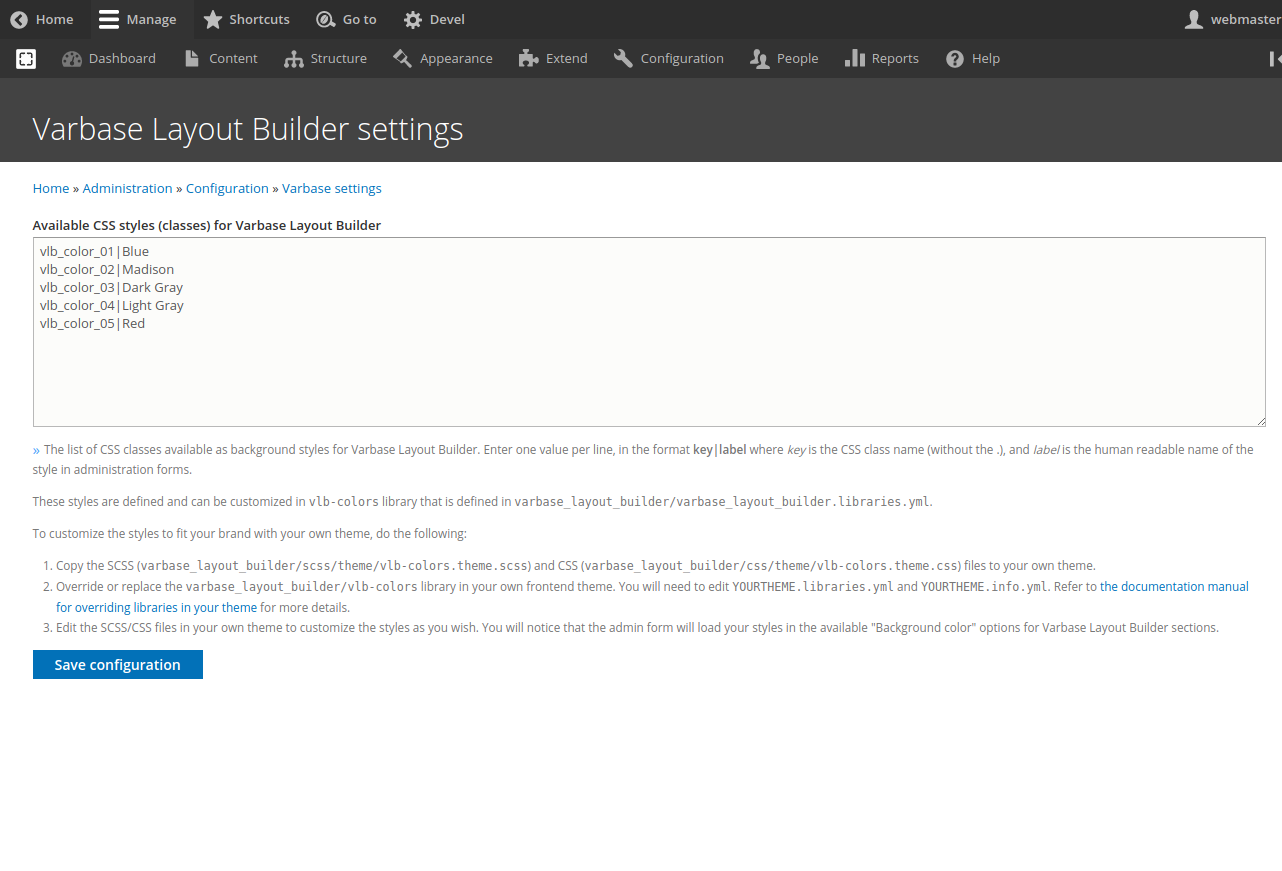 Add [Varbase Layout Builder settings] for options source config to feed [Background color ...